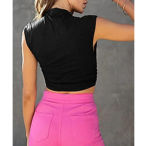 Lauweion Women Sleeveless Turtlenecks Crop Tops Ruched Slim Fit Solid Basic Casual Mock Neck Crop Tank Top Black