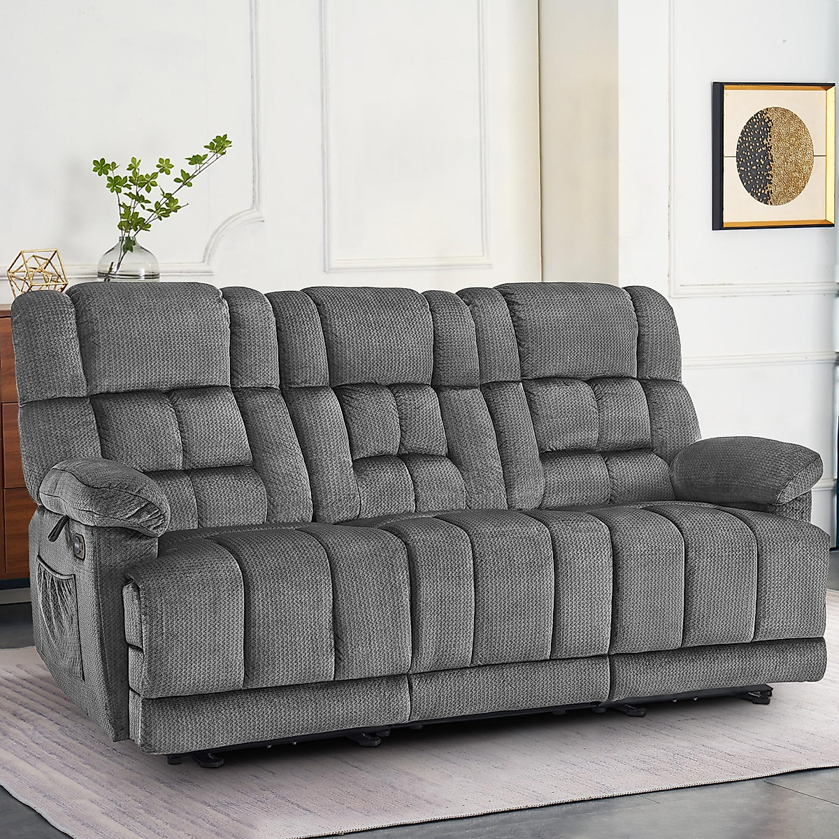 MCombo Power Reclining Sofa with Drop Down Table, Heat and Vibration, USB Ports, 3 Seat Dual Recliner Couch for Living Room RS6236 (Grey)