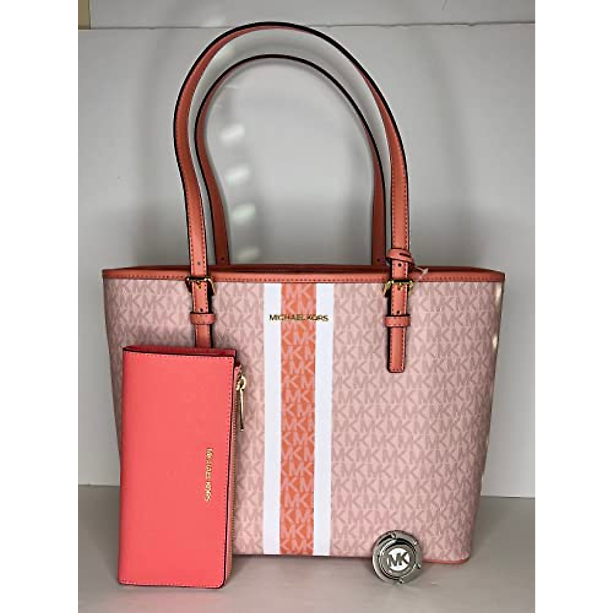Michael Kors Jet Set Travel MD Carryall Tote bundled with Large Continental Wristlet Wallet Purse Hook (Signature MK Sherbert/Grapefruit)