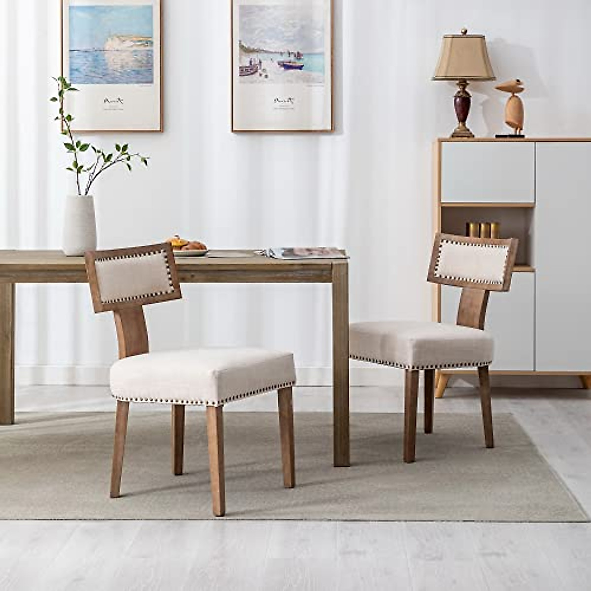 Wahson Set of 4 Farmhouse Kitchen & Dining Room Chairs with Metal Nailhead Trim, Retro Linen Upholstered Dining Chair with Natural Hardwood Legs, Beige