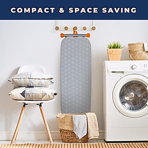 Happhom Compact Space Saver Ironing Board with Extra Thick Heavy Duty Padded Cotton Cover, Height Adjustable, Lightweight and Easy Storage with Smart Hanger, Easy Storage and Lightweight Design 13x43