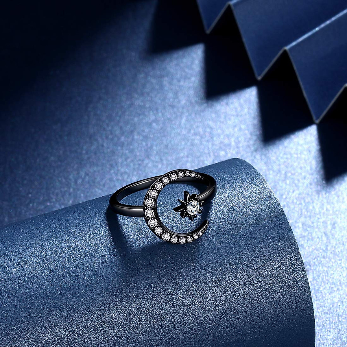 beautlace Star and Moon Adjustable Rings Black Gun Plated Crescent Moon Stars Open Ring Jewelry for Women KR0032K