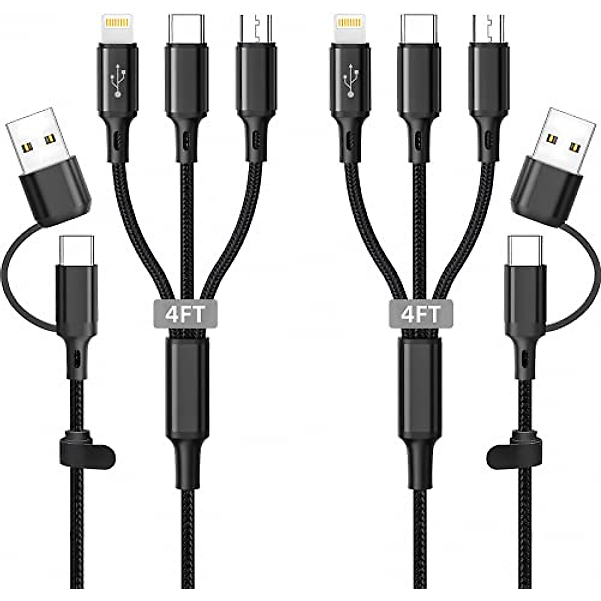 5 in 1 Multi Charging Cable 2Pack 4ft Multi USB Universal Phone Charging Cable, USB A/C to Phone USB C Micro USB Lightning Connector Nylon Braided Charging Cord Compatible with iPhone/Samsung-Black