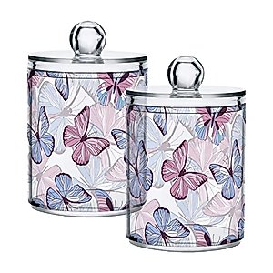Kigai Cotton Swabs Organizer Cute Butterfly Qtip Holder Dispenser with Lid Apothecary Jar Set 2PCS Reusable Clear Plastic Cans for Dry Food
