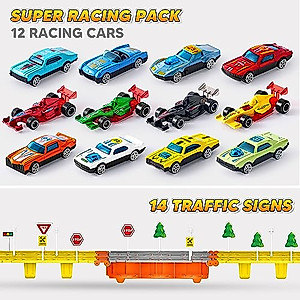 JOYIN Carrier Truck Toys for Kids, 12 Die-Cast Metal Toy Cars with 2 Launchers, Foldable Toy Car Track with Lights & Sounds for Boys, Racing Car for Kids Ages 3-5