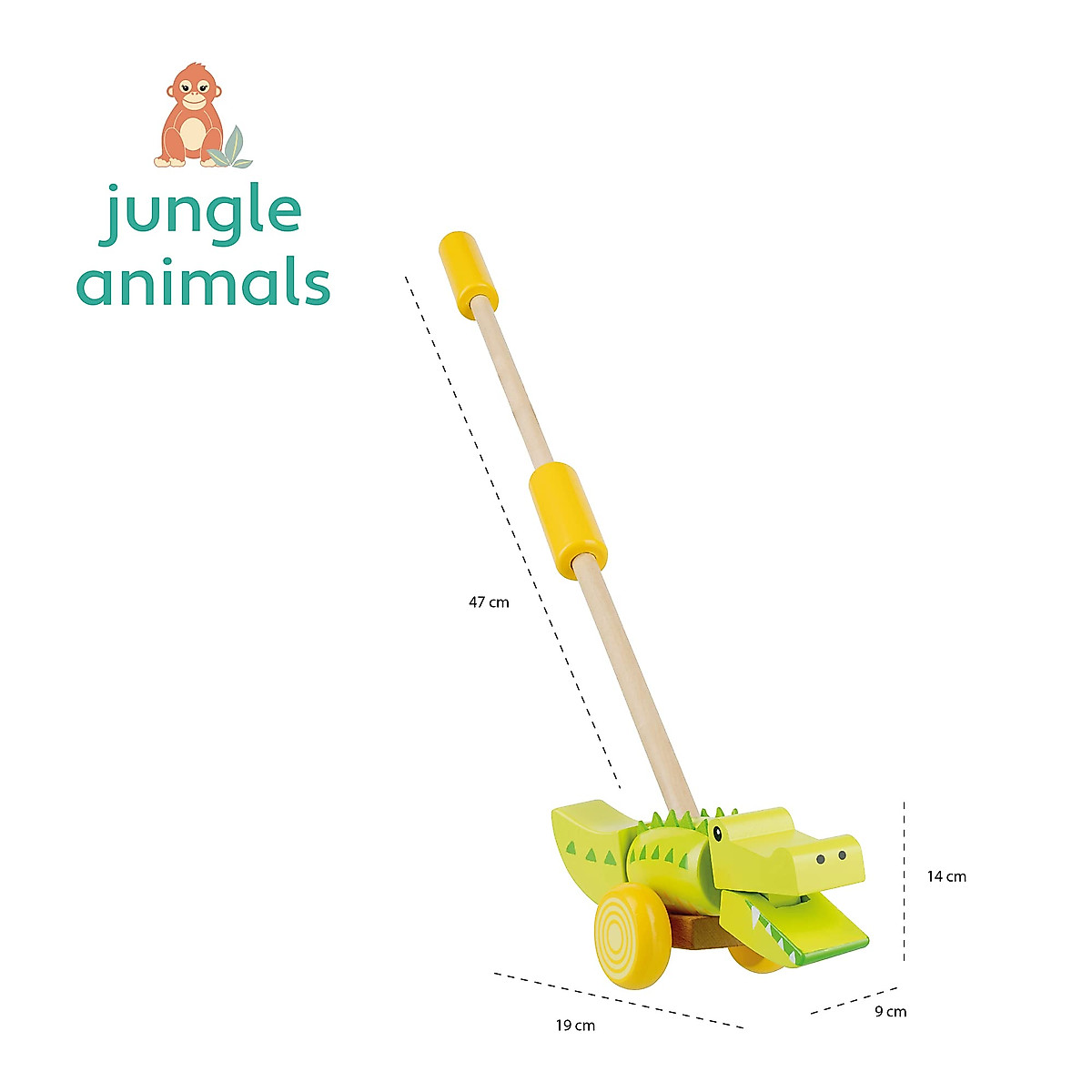 Orange Tree Toys: Push Along: Crocodile - Wooden Toy, Colorful Wheeled Character w/Handle, Encourage First Steps, FSC Certified, Toddler Kids Age 1+