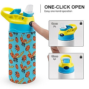 Kids Water Bottle with Straw Lid Hand-drawn Cartoon Ladybugs Print 12 Oz/350 Ml Stainless Steel Reusable Thermos Bottles