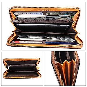 Women's Wallet Genuine Leather Zip Around Wristlet Long Purse Vintage Embossing Cowhide Capacity Handmade Clutch(Brown)