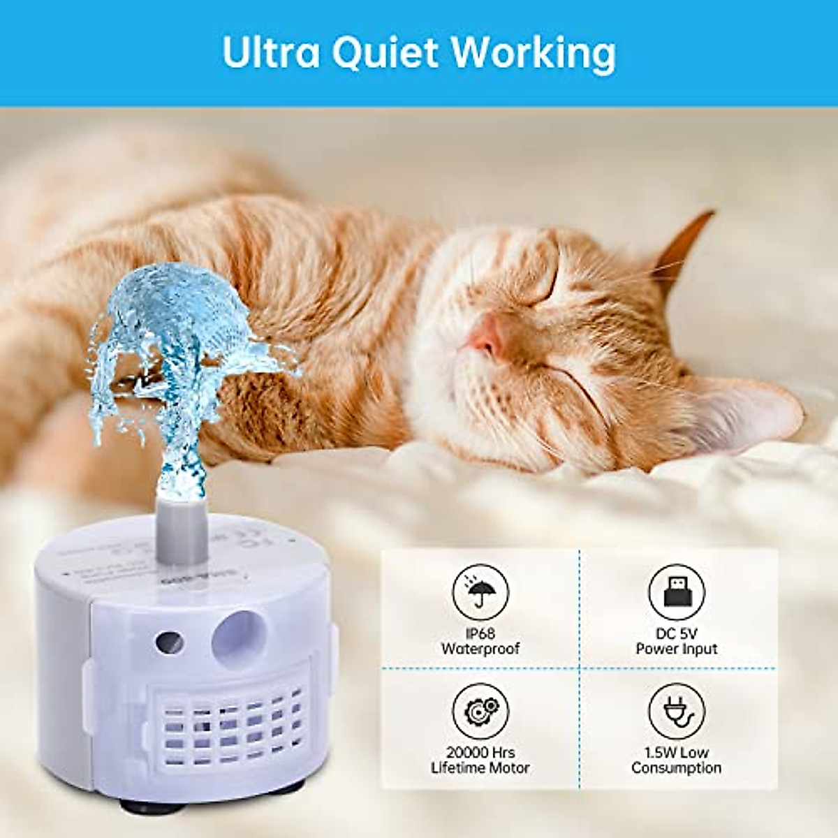 Cat Water Fountain Pump, DR-DC Replacement Pump for Stainless Steel Pet Water Fountain, Pet Fountain Pump for Adjustable Water Flow Water Dispenser, Ultra Quiet Pump for Dog Drinking Fountain