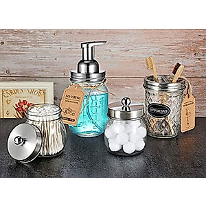 Amolliar 4pcs & 4pcs Brushed Nickel Mason Jar Bathroom Accessories Set - 2 Foaming Soap Dispenser&2 Qtip Holders&2 Cotton Swab Holder&2 Toothbrush Holder-Rustic Farmhouse Decor