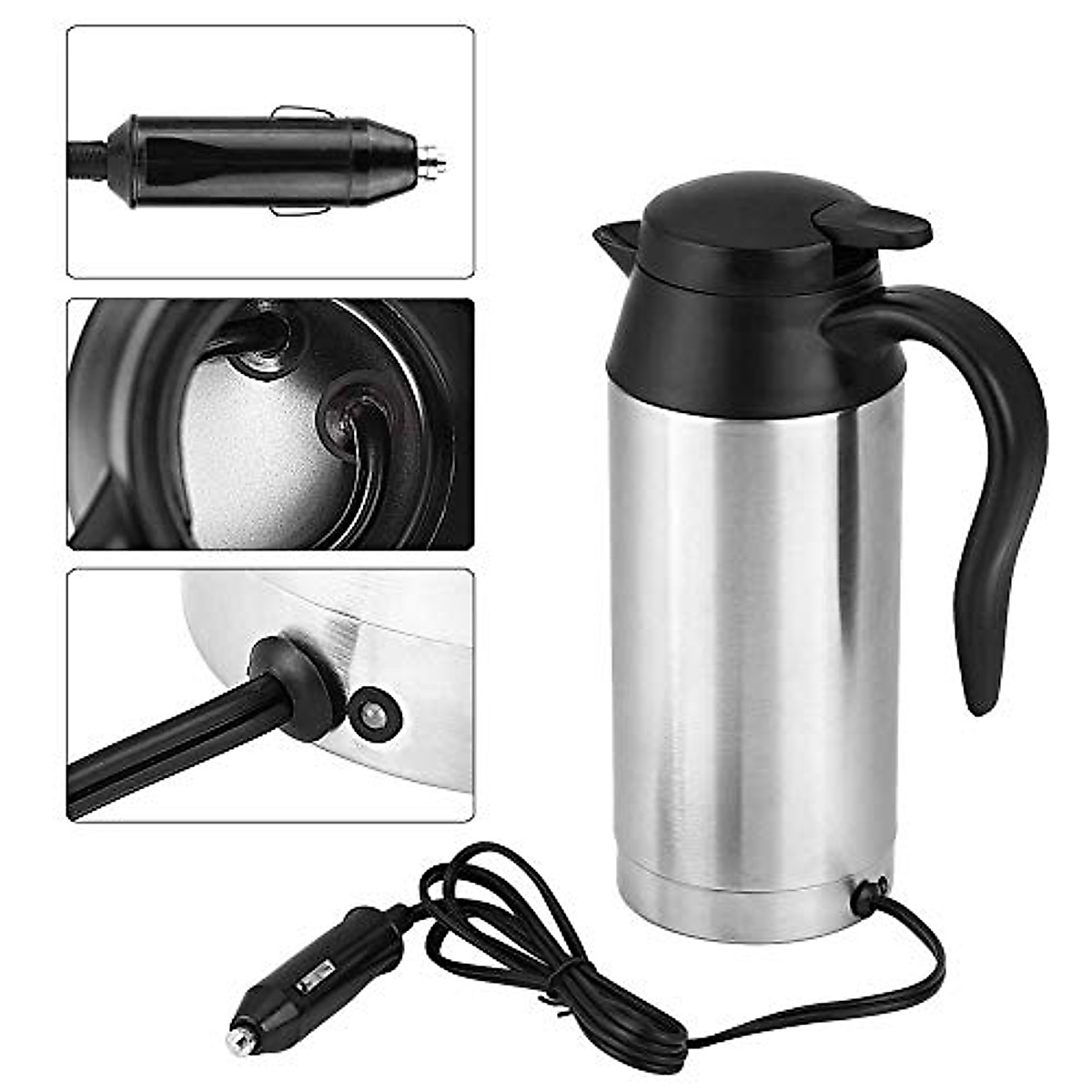 Acouto 750ml 12V Car Electric Kettle Stainless Steel Car Kettle Boiler Cigarette Lighter Heating Kettle Mug Electric Travel Thermoses DC Powered Car Teapot Portable Water Heater for Tea Coffee