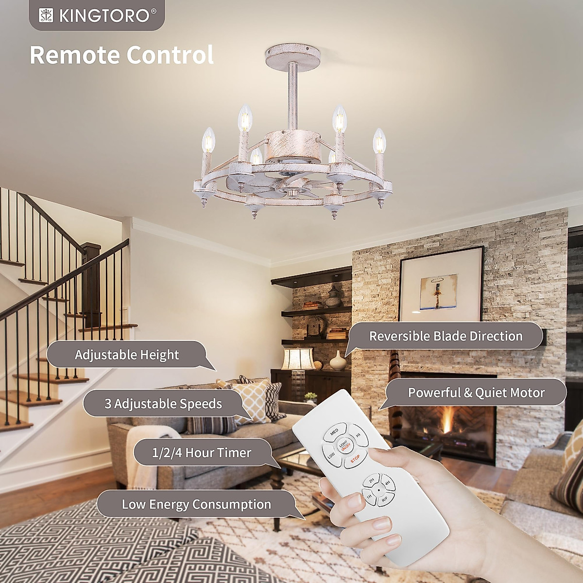 KINGTORO Rustic White Chandelier Ceiling Fans with Lights, 20.5" Wagon Wheel Chandelier,Adjustable Height,3 speeds,Fandelier with Lights and Remote for Kitchen Dining Room Living Room