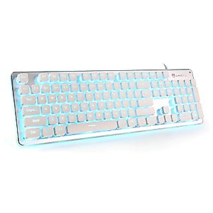 LANGTU LED Computer Keyboard, USB Wired Keyboard for Gaming and Office, All-Metal Panel 104 Keys Quiet Membrane Keyboard with Blue Backlit - L2 White/Silver