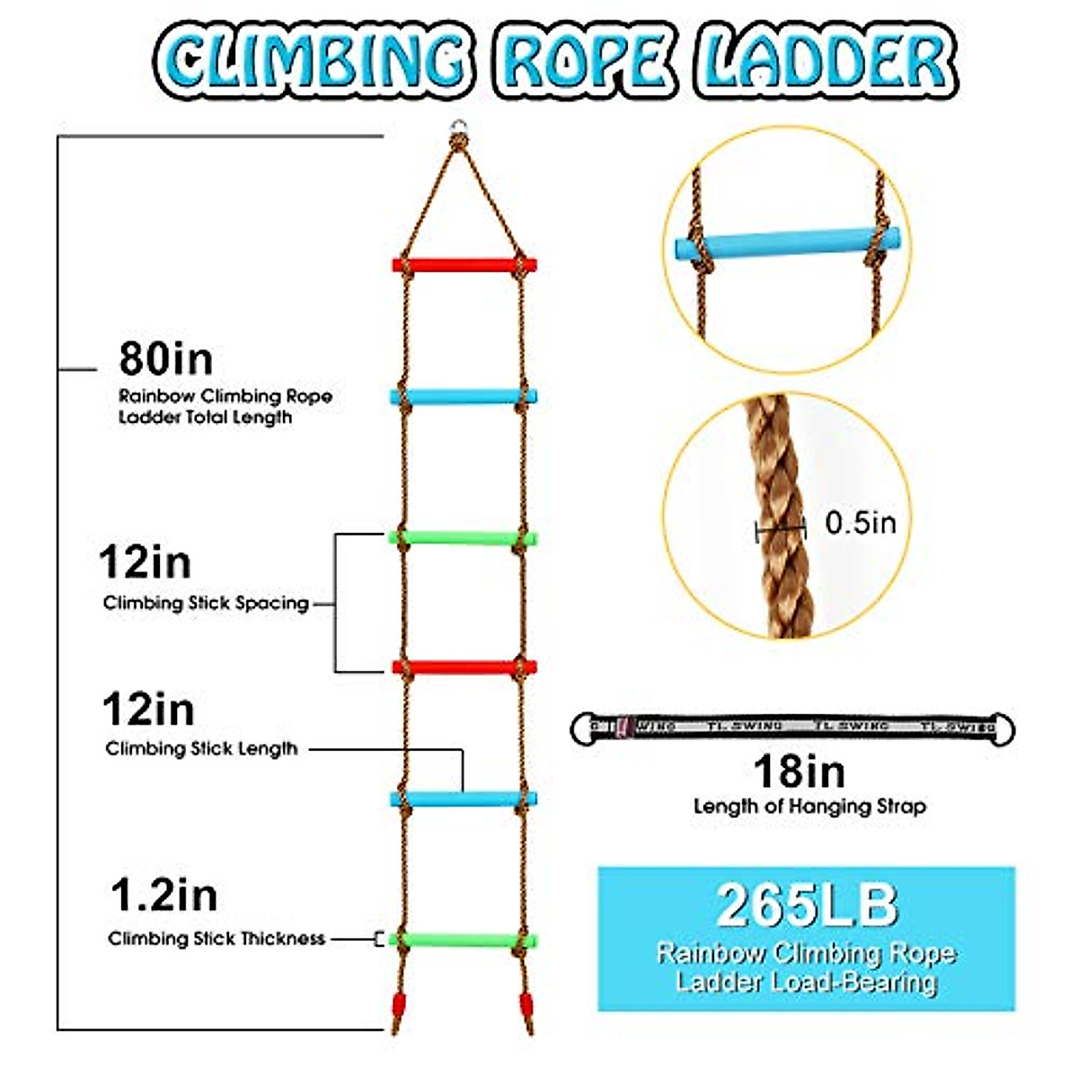 Climbing Rope Ladder for Kids Hanging Ladder for Swing Set Kids Ninja Course Obstacle Swing Accessories Backyard