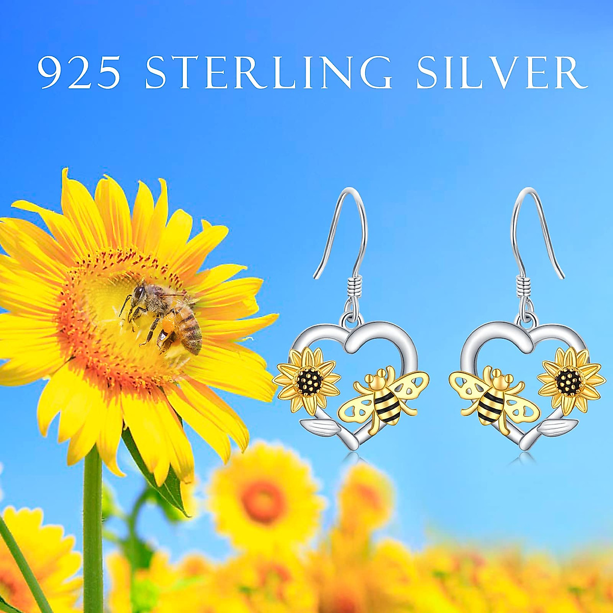 Sunflower Dangle Earrings 925 Sterling Silver Bee Drop Sunflower Earrings Hypoallergenic Christmas Thanksgiving Sunflower Bee Jewelry Gifts for Women Girls