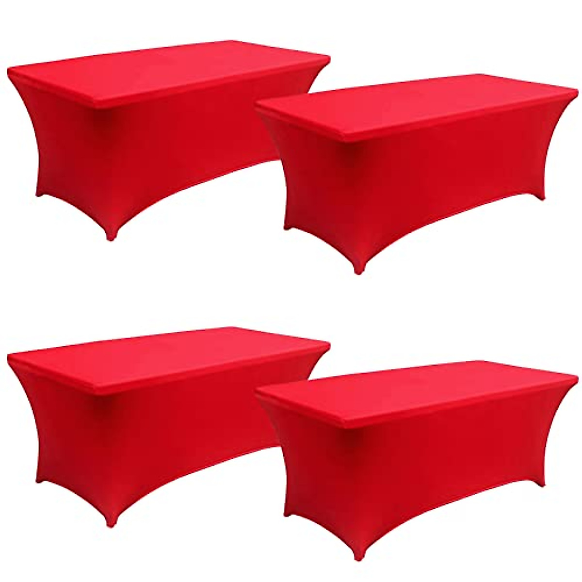 6FT Spandex Table Cover Table Cloth for Folding Tables Fitted Rectangular Tablecover Washable Wrinkle Resistant Polyester Stretch Red Tablecloth Protector for Wedding Banquet Party (4 Pack, Red)