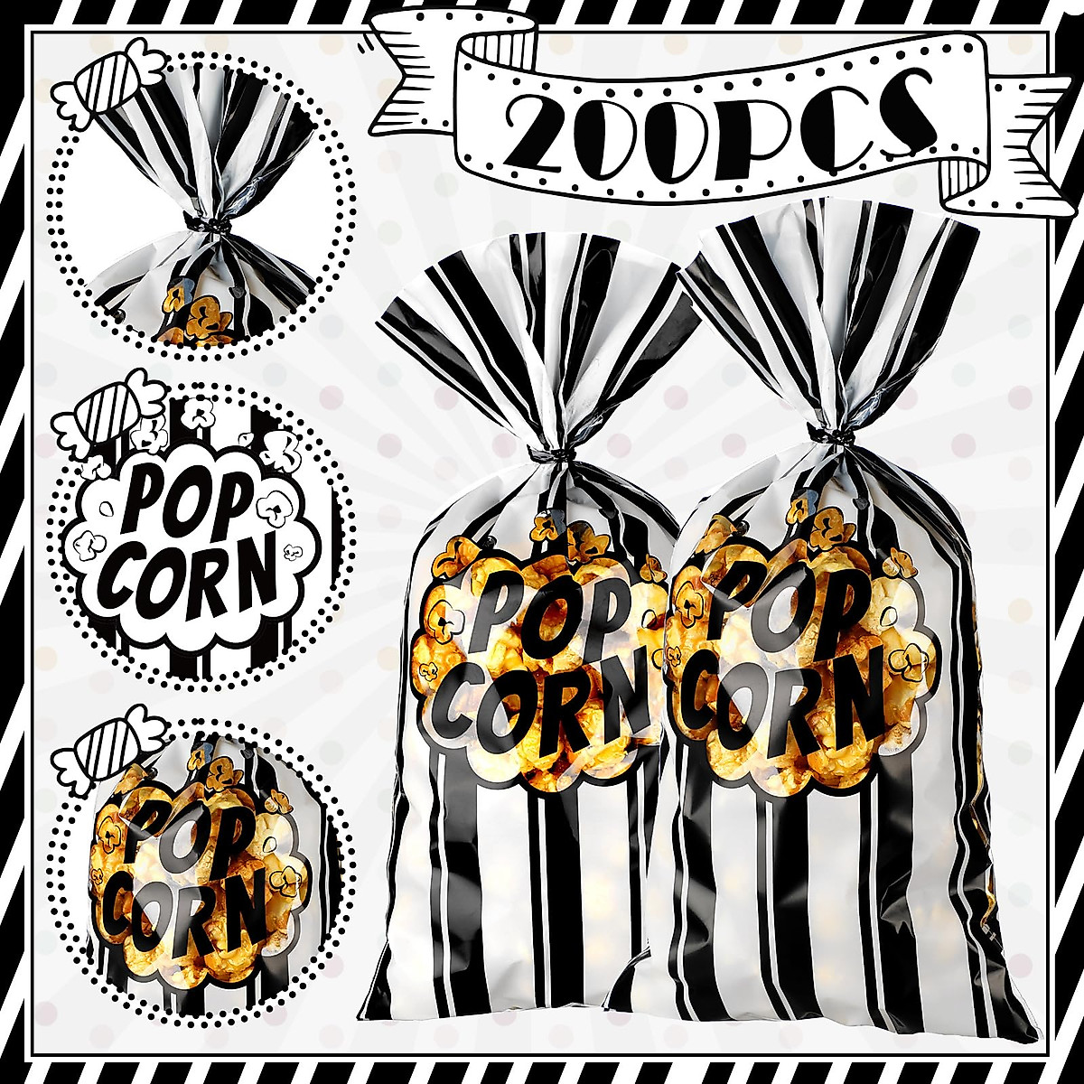 Ninehaoou 200 Pcs Movie Night Popcorn Bags for Party Carnival Popcorn Bags Movie Theme Party Decorations Black White Stripe Cookie Snack Bags with 200 Black Twist Ties for Movie Party Favors