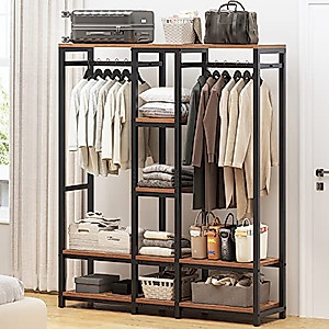 DlandHome Free Standing Closet Organizer, Heavy Duty Garment Rack with Storage Shelves Wardrobe Closet Storage with Shelves with 2 Rods Large Clothing Rack for Hallway, Bedroom