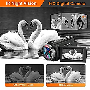 WZX 4K Video Camera Camcorder, Ultra HD WiFi 60FPS 48MP 16X Digital Zoom, Touch Screen Night Vision Vlogging Camera, YouTube Camera with External Microphone, Remote Control, Lens Hood, Stabilizer
