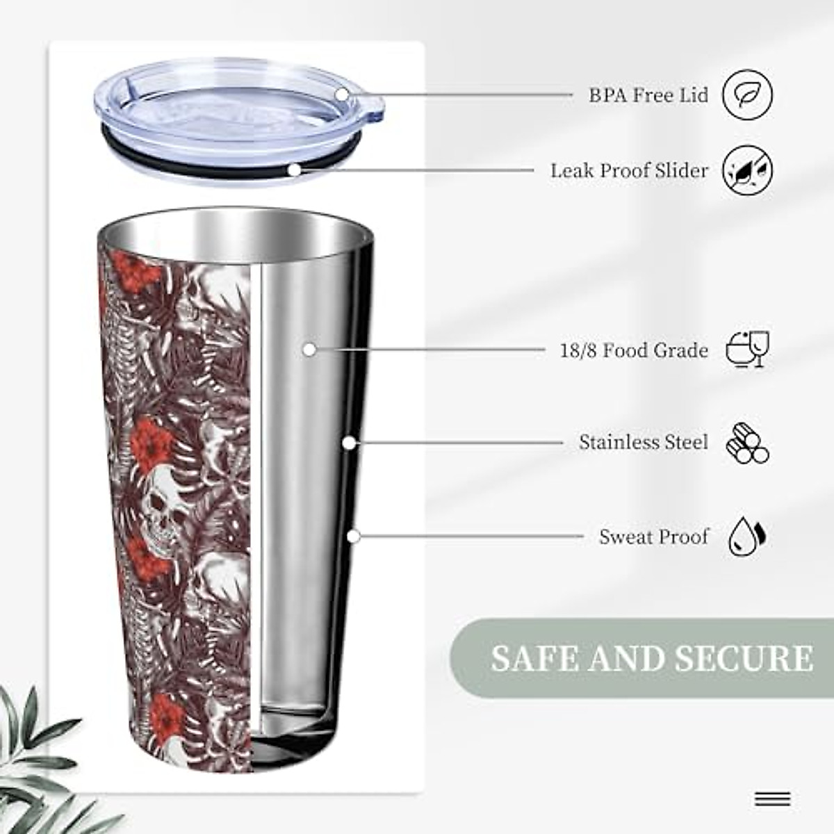 Yaxongx 20oz Tumbler Spooky Skull Flower Double Wall Vacuum Insulated Coffee Mug with Lid and Metal Straw Brush Reusable Stainless Steel Water Bottle Travel Cup Gifts for Car Ice Drinks Hot Beverage