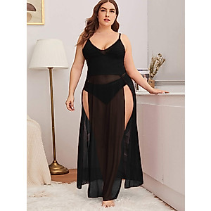 Floerns Women's Plus Size Sexy Lace Sleeveless Split Long Mesh Lingerie Dress Black Solid 2XL