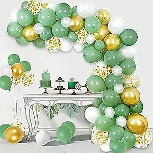 Olive Green Balloon Garland Arch Kit, White Gold Confetti Balloons Green Balloon and Gold Metallic Chrome Latex Balloons Set for Wedding Birthday Party Baby Shower Party Background Decoration