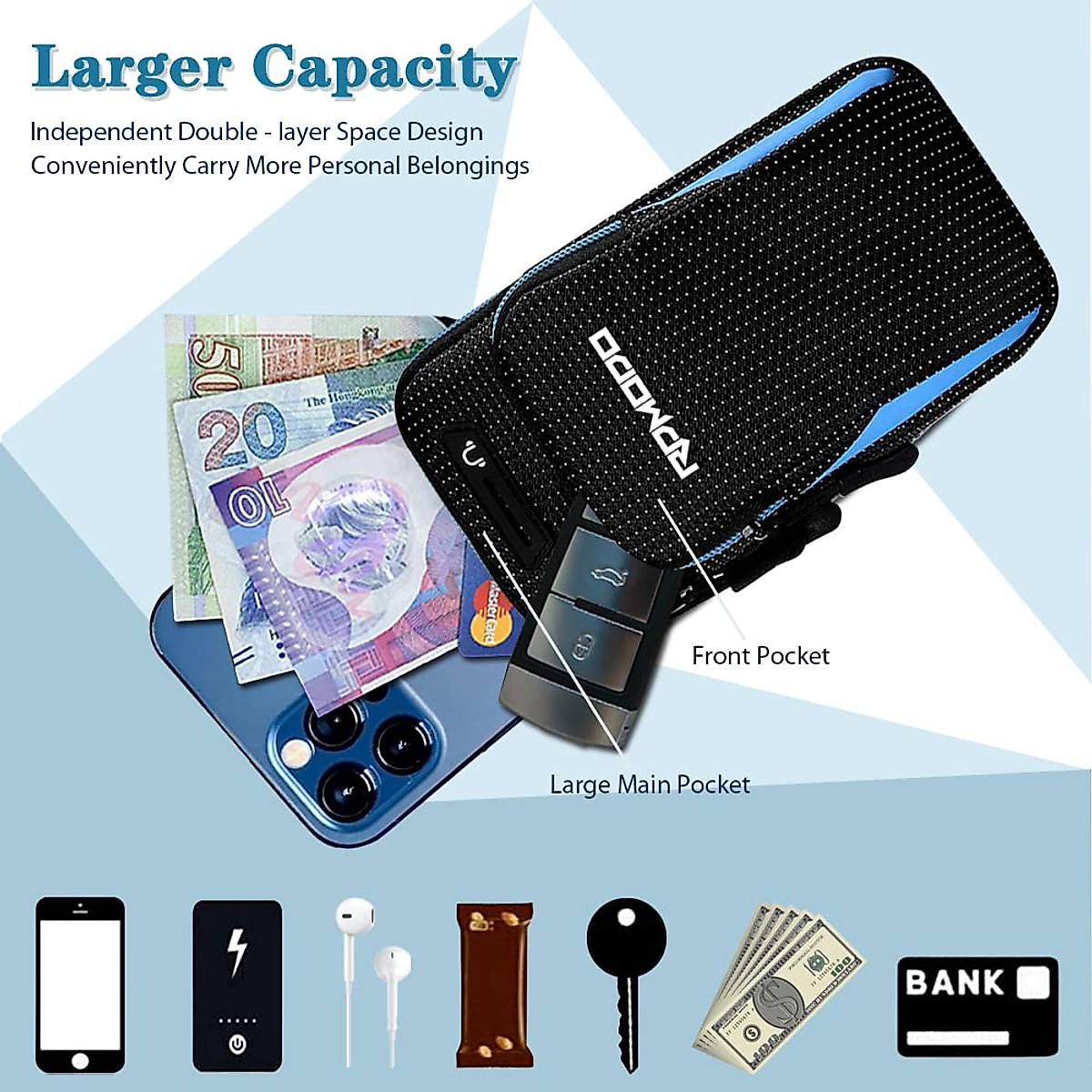 RDMODO Phone Holder for Running Armband, Large Capacity Running Band for iPhone 15 14 13 Plus Pro Max Samsung Galaxy S23 S22 Ultra 7.5 Inch Phone Armband, Water Resistance Arm Bag for Running Jogging