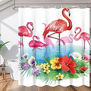 Aglebo Flamingo Tropic Floral Shower Curtain Fabric Shower Curtain Set with 12 Hooks Water-Proof 72 * 72 Inches for Bathroom Beach Caravan Hotel