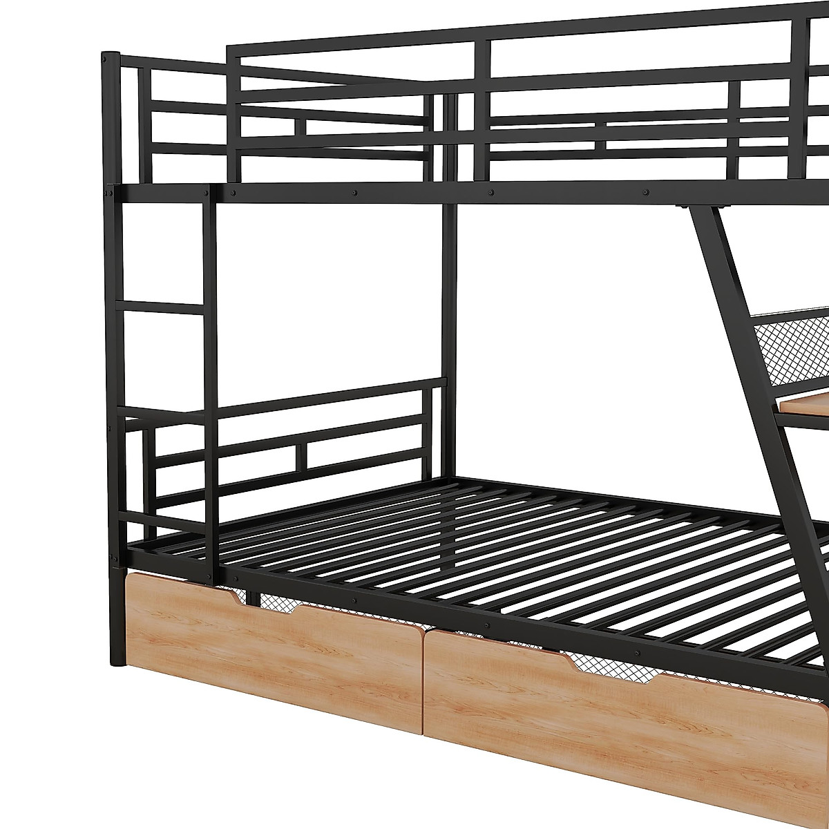 Flieks Bunk Bed, Full Over Full Metal Bunk Bed Frame with Built-in Desk, Light, 2 Drawers, Safety Guard Rails and Ladder, Heavy-Duty Steel Frame Bunk Bed for Kids Teens Adults (Black)