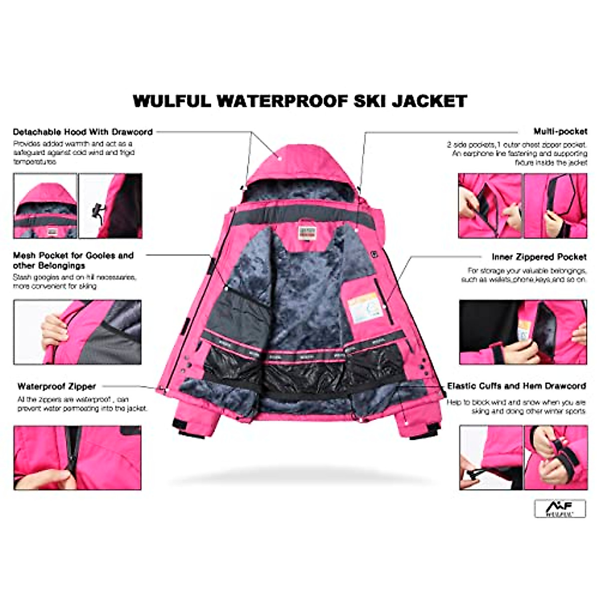 WULFUL Women’s Waterproof Snow Ski Jacket Mountain Windproof Winter Coat with Detachable Hood