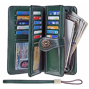 Travelambo Womens Wallet Large Capacity RFID Blocking Genuine Leather Wristlet Wallets(Green)