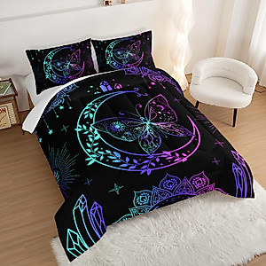 HOSIMA Butterfly Comforter Set 3-Piece with 2 Pillowcases, Black Boho Mandala Comforter Bedding Set for Girls' Twin Bed in a Bag
