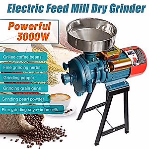 NAIZEA Electric Grain Mill Grinder Corn Grinder, 110V 3000W Commercial Corn Mill Grinder Machine Feed Mill Wheat Grinder, Flour Mill Cereals Grinder with Funnel (Dry Grinder)