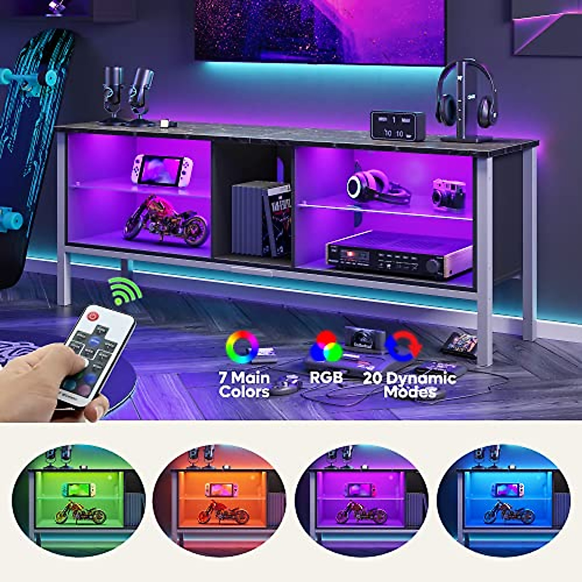 Bestier LED TV Stand, Modern Gaming Entertainment Center for 65/70 inch tv, Wood TV Stand with Glass Shelves for Living Room Bedroom, Black Marble