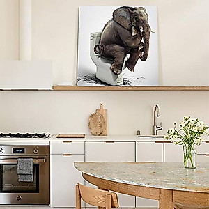 Chucoco Oil Paintings on Canvas Funny Elephant Sitting on the Toilet Abstract Wall Art Print with Framed Ready to Hang, Living Room Kitchen Bedroom Home Decorations 20x20 inch