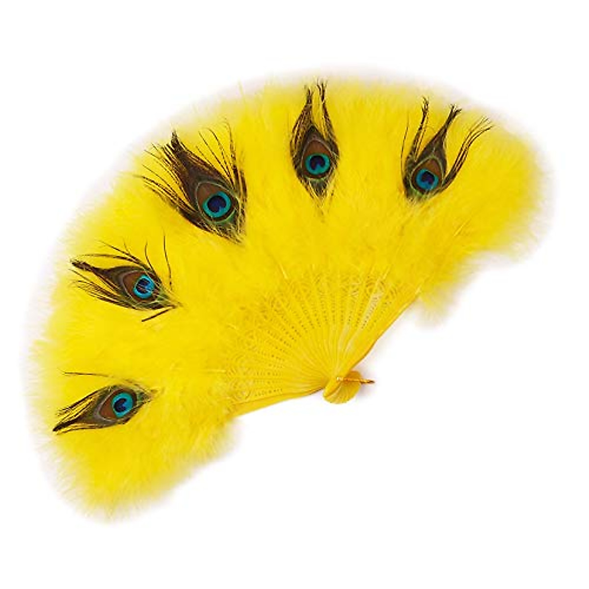 Peacock Handmade Marabou Large Feather Fan 23"X12"(with 25 Staves) for Dancing, Party, Wedding, Burlesque,Bridal Bouquet Decor (Yellow)