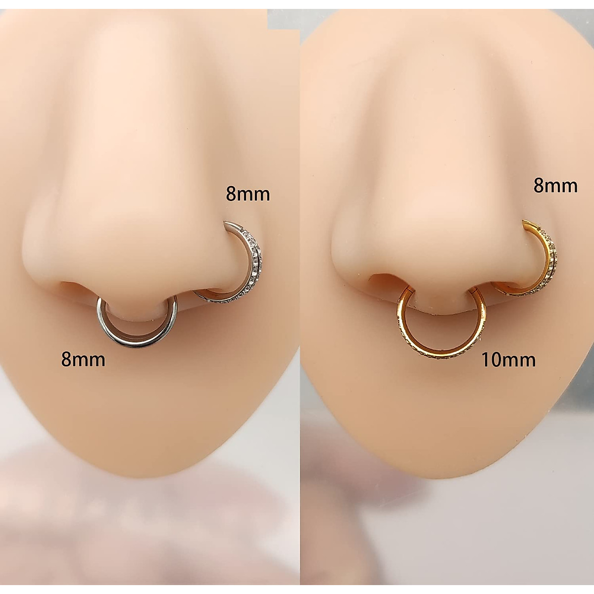 MeiziQL 3Pcs 18G Nose Ring Hoops Septum Rings 8mm 10mm Surgical Steel Double Hoop Nose Ring- Double Row Diamonds Hinged Segment Hoop , Stainless Steel, cubic zirconia