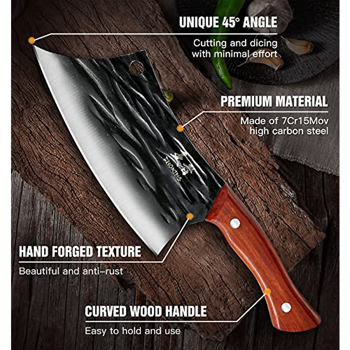 ENOKING Meat Cleaver Hand Forged Chef Knife High Carbon Steel Kitchen Butcher Knife with Full Tang Handle Leather Sheath Chopping Knife for Kitchen, Camping, BBQ (6.3 IN)