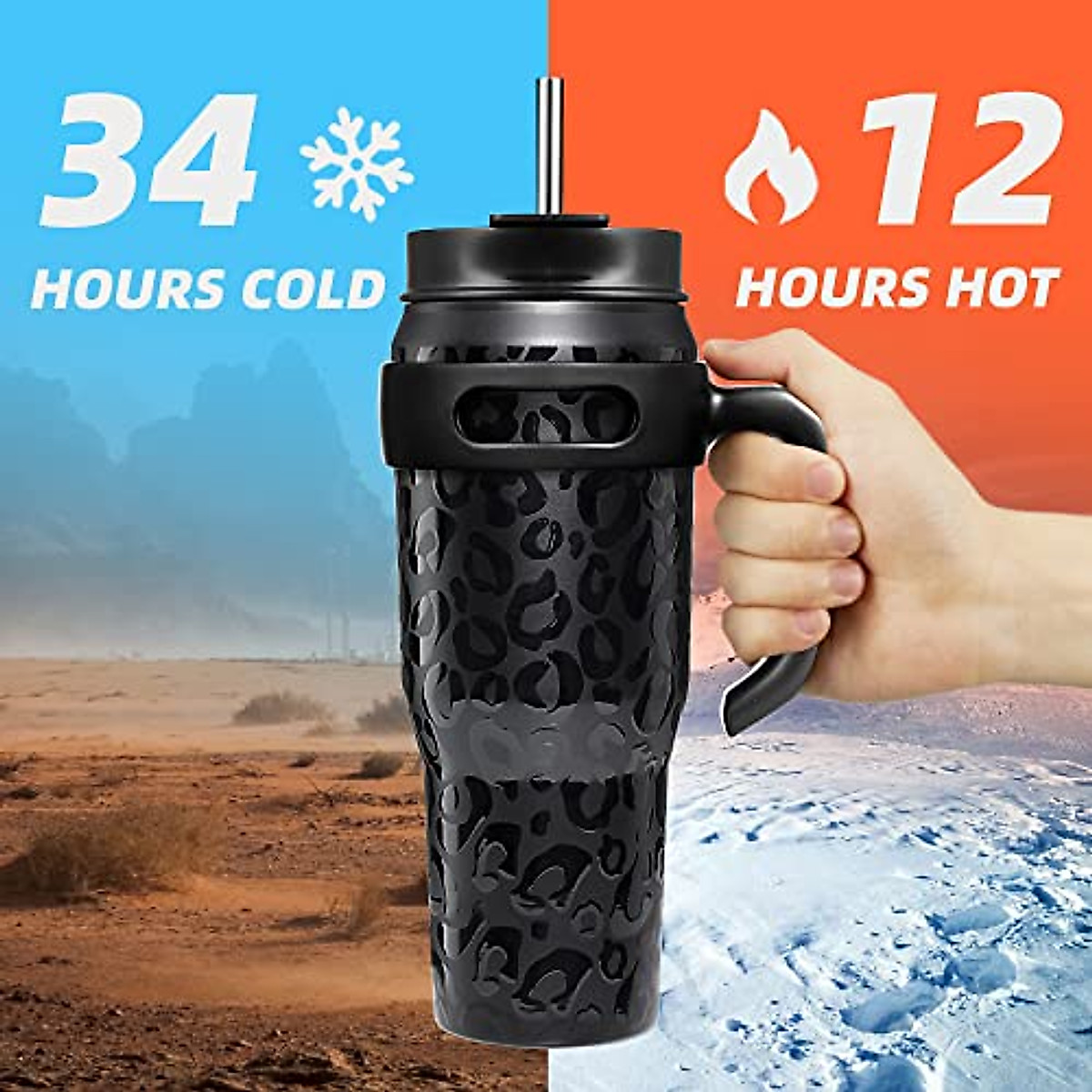 Zibtes 40oz Insulated Tumbler With Lid and Straws, Stainless Steel Double Vacuum Coffee Tumbler With Handle, Keeps Drinks Cold up to 34 Hours or Hot for 12 Hours(Black Leopard 1 pack)