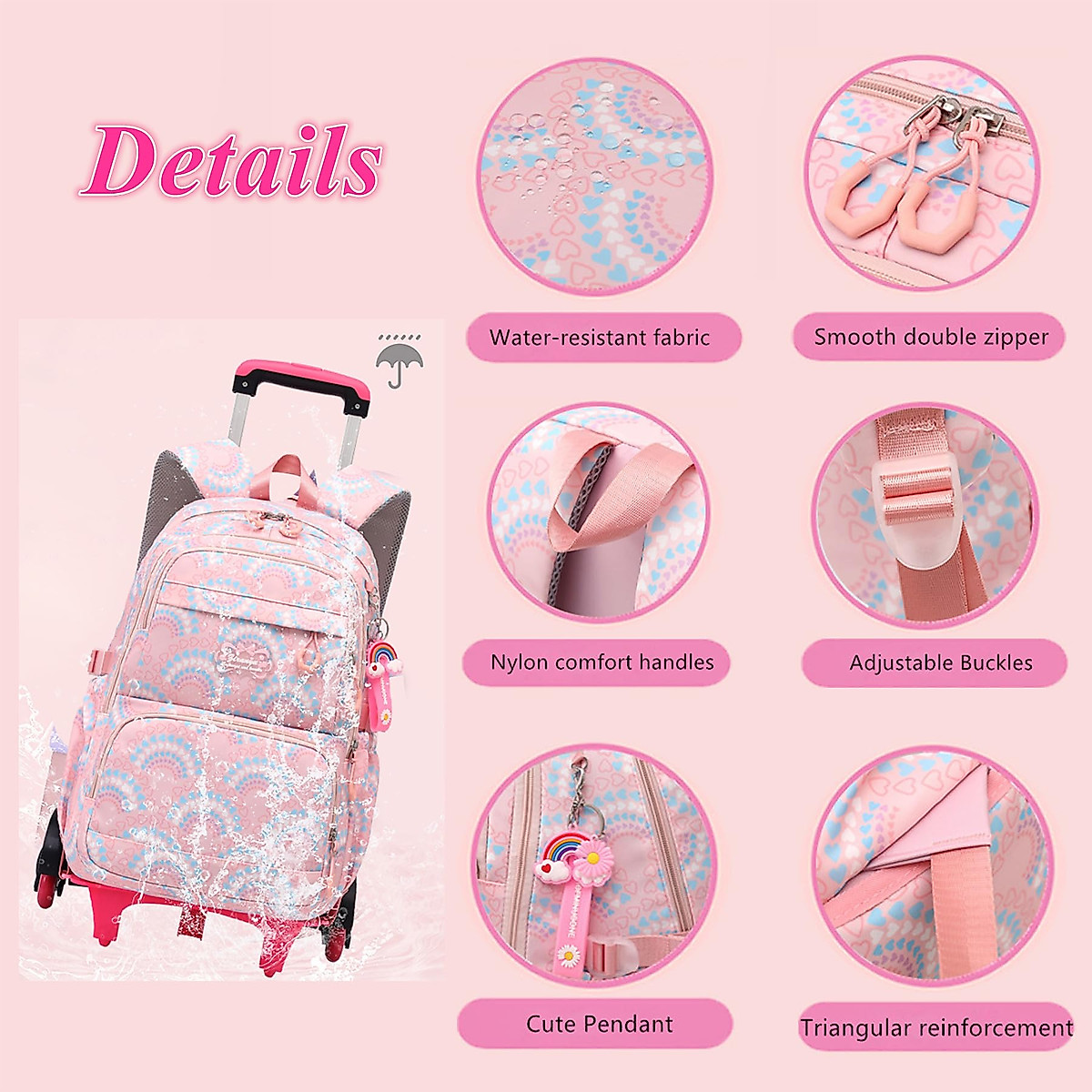 Mfikaryi 3PCS Girls Rolling Backpack Elementary Student Schoolbag Travel Trolley Bag Wheeled Bookbag with Lunch Box