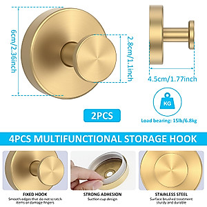 UKQRRTC 2Pcs Suction Cup Hooks 15lbs Stainless Steel Suction Cup Shower Hook Waterproof Rustproof Bathroom Towel Hanger No-Drill Towel Coat Hook for Mirrors Tiles Glass (Gold)
