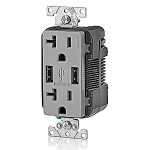 Leviton T5832-GY 20-Amp USB Charger/Tamper Resistant Duplex Receptacle, Gray, 1-Pack