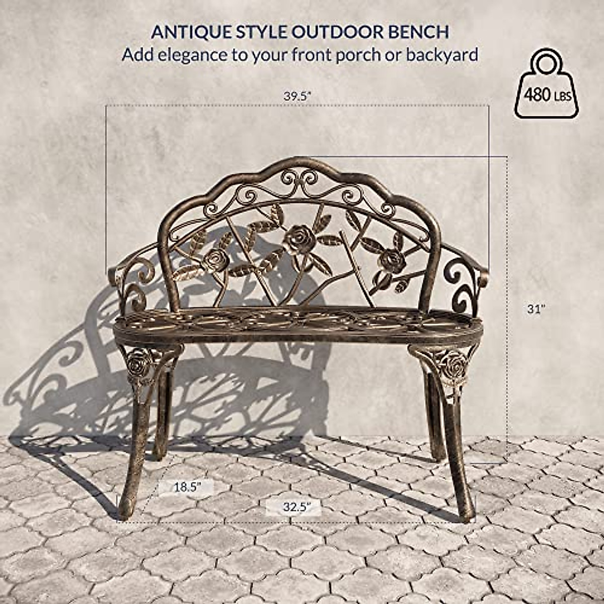 BELLEZE Outdoor Bench, Patio Outdoor Garden Bench Cast Aluminum Metal Loveseat Chairs for Park, Yard, Porch, Lawn, Balcony, Backyard, Antique Floral Rose Accent Seat Furniture, Bronze