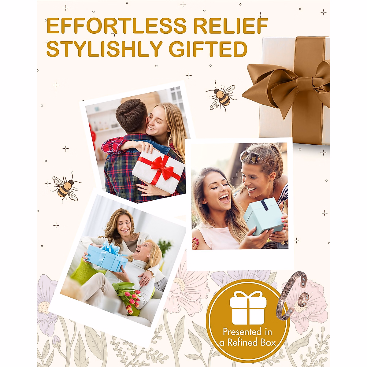 Feraco Copper Bracelet & Lymphatic Drainage Rings for Women, Vintage Flower Copper Magnetic Cuff Bangle, 99.99% Pure Copper with Neodymium Magnets, Adjustable with Gift Box