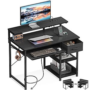 AODK Small Computer Desk with Keyboard Tray, 40 Inch Gaming Desk with Power Outlet, Office Desk with Drawer, Reversible Desk with Adjustable Monitor Shelf and Storage Shelf for Home Office, Black