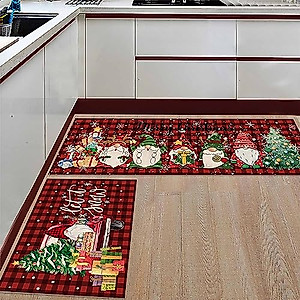 Christmas 2Pcs Kitchen Rugs Anti Fatigue Kitchen Mat Non Slip Rug Runner Comfort Standing Floor Mats Kitchen Carpet Set for Sink Laundry - Christmas Red Truck Pull Gnome Xmas Tree Red Buffalo Plaid