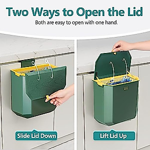 WOA WOA 2.4 Gallon Hanging Trash Can for Kitchen, Small Garbage Bin with Lid for Bathroom Bedroom, Mountable Cabinet Compost Bin Under Sink, Wall Mounted Waste Bucket - Green