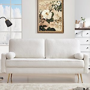 HIFIT 70" White Loveseat Sofa Couch, Mid Century Modern Fluffy Couch with Deep Love Seat & 2 Pillow, Comfy 3-Seater Home Sofa Living Room Small Couches for Small Space,Bedroom,Office, Solid Wood Frame