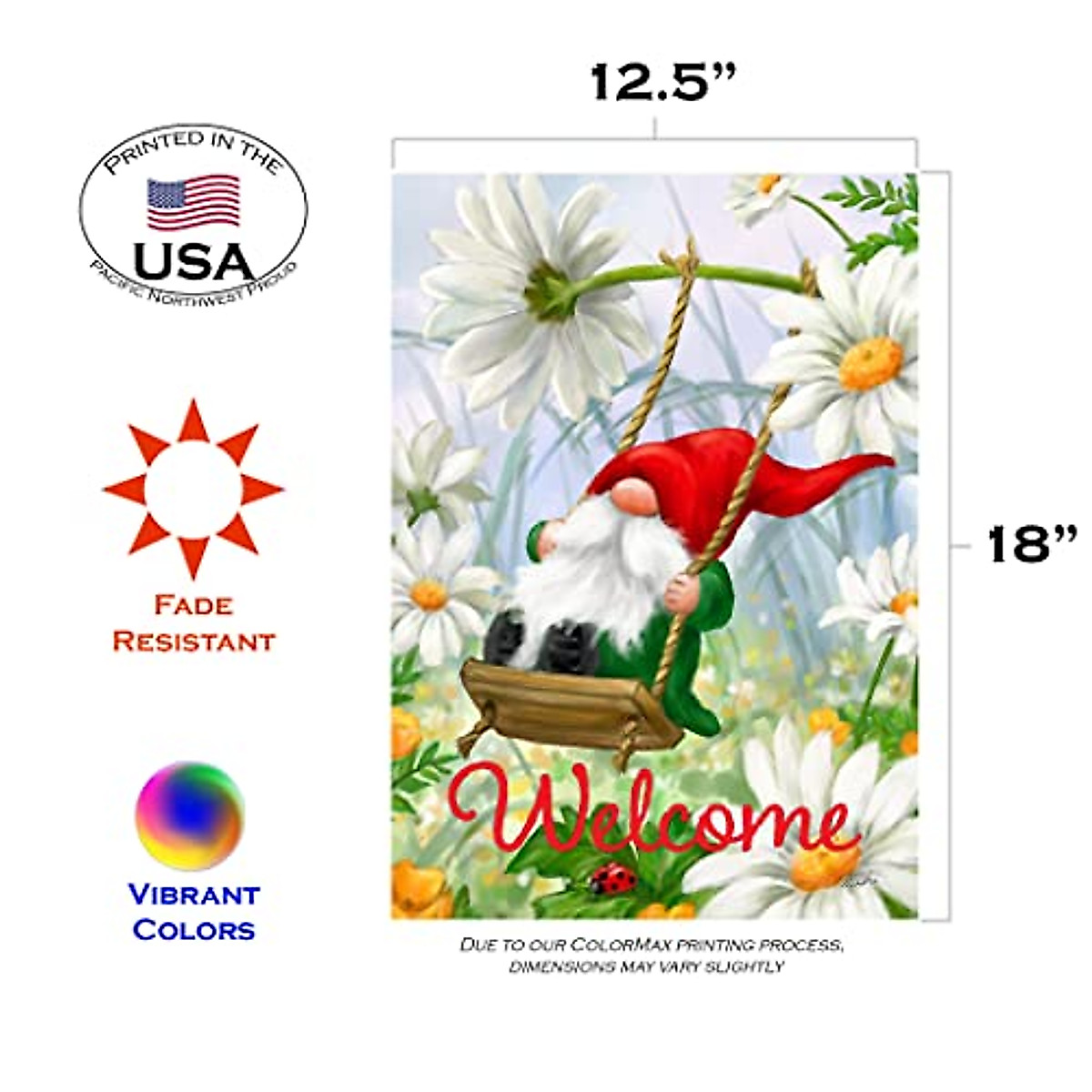 Toland Home Garden 1112626 Welcome Swing Gnome Spring Flag 12x18 Inch Double Sided Spring Garden Flag for Outdoor House Daisy Flag Yard Decoration