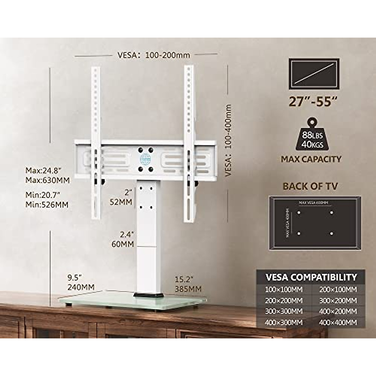 FITUEYES Universal TV Stand Table Top TV Stand for 27-55 inch LCD LED TVS Height Adjustable TV Base with Tempered Glass Base Wire Management VESA 400x400mm Holds 88 Pounds, White